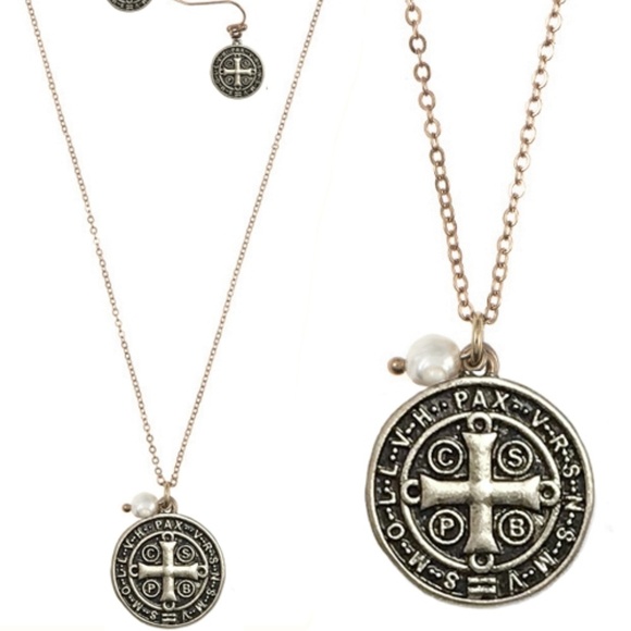 Jewelry | Burnished Gold Saint Benedict Coin Necklace | Poshmark